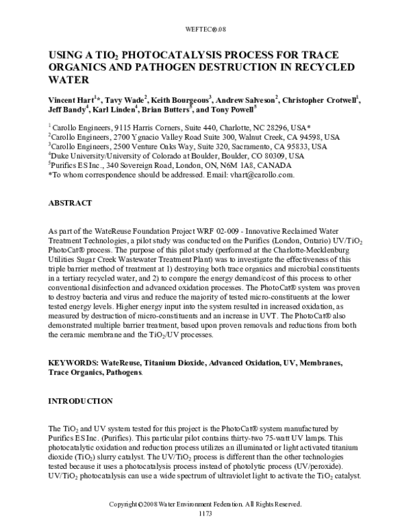 (PDF) Using a TiO2 Photocatalysis Process for Trace Organics and ...