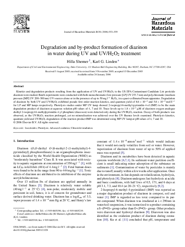 (PDF) Degradation and by-product formation of diazinon in water during UV and UV/H2O2 treatment