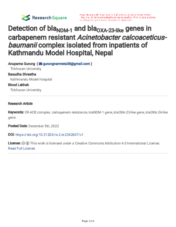 (PDF) Detection of blaNDM-1 and blaOXA-23-like genes in carbapenem ...