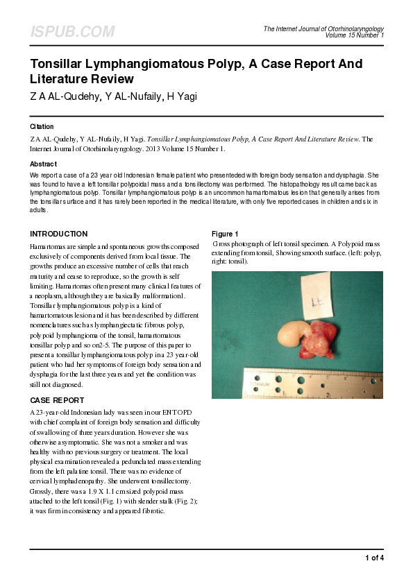 (PDF) Tonsillar Lymphangiomatous Polyp, A Case Report And Literature Review