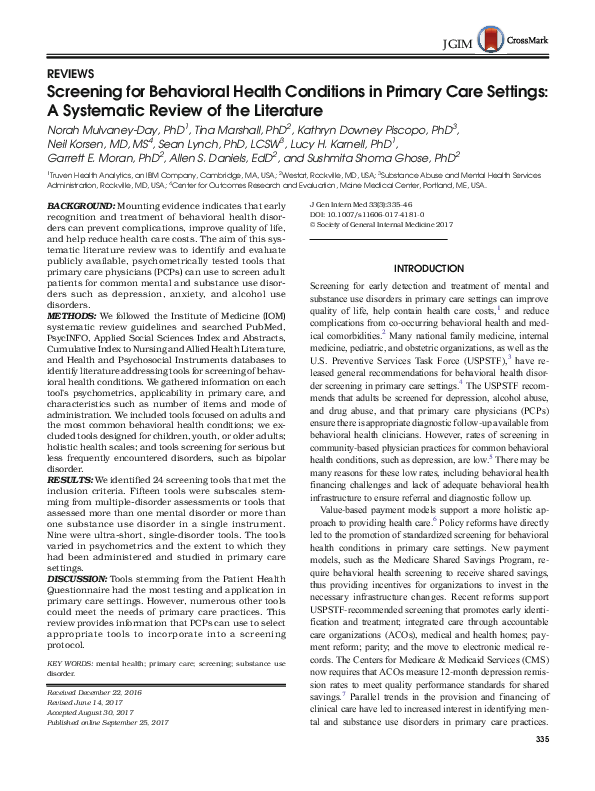 (PDF) Screening for Behavioral Health Conditions in Primary Care Settings: A Systematic Review ...