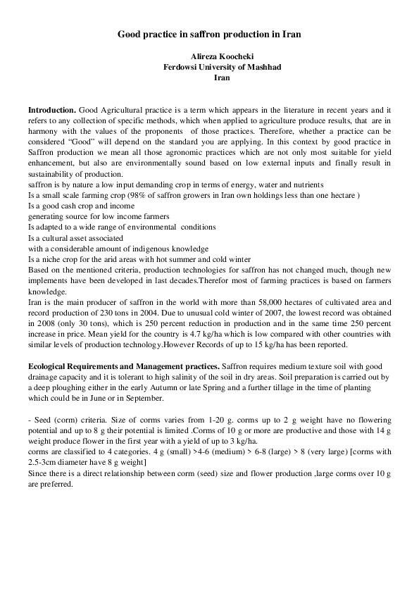 (PDF) Good Practice in Saffron Production in Iran