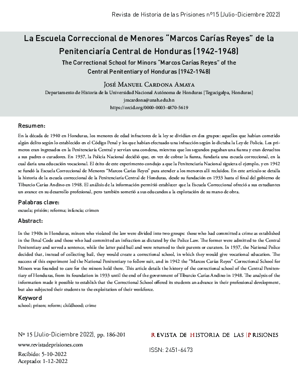 (PDF) La Escuela Correccional de Menores “Marcos Carías Reyes” de la ...