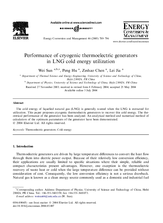 (PDF) Performance of cryogenic thermoelectric generators in LNG cold energy utilization