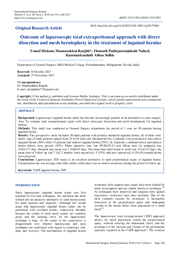 (PDF) Outcome of laparoscopic total extraperitoneal approach with ...
