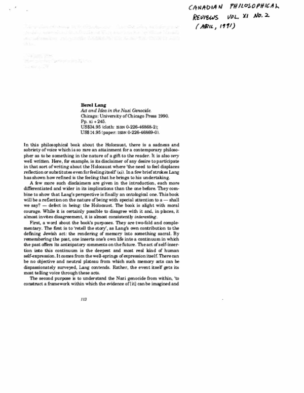 (PDF) The Act and Idea in the Nazi Genocide Berel Lang 1991 Review 2