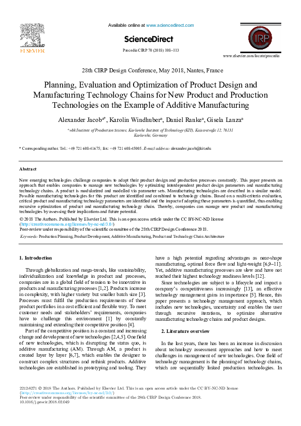 (PDF) Planning, Evaluation and Optimization of Product Design and Manufacturing Technology ...