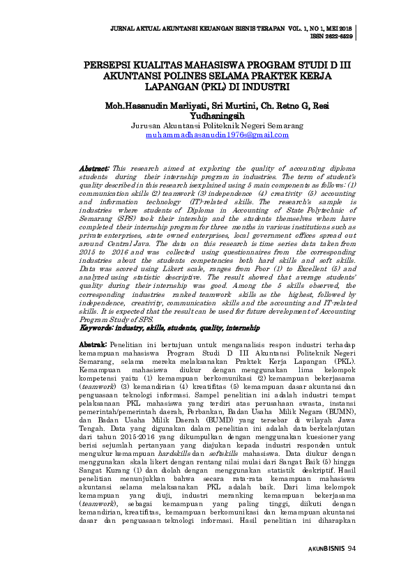 (PDF) Persepsi Kualitas Mahasiswa Program Studi DIII Akuntansi Polines Selama Praktek Kerja ...