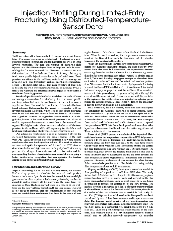 Pdf Injection Profiling During Limited Entry Fracturing Using Distributed Temperature Sensor Data