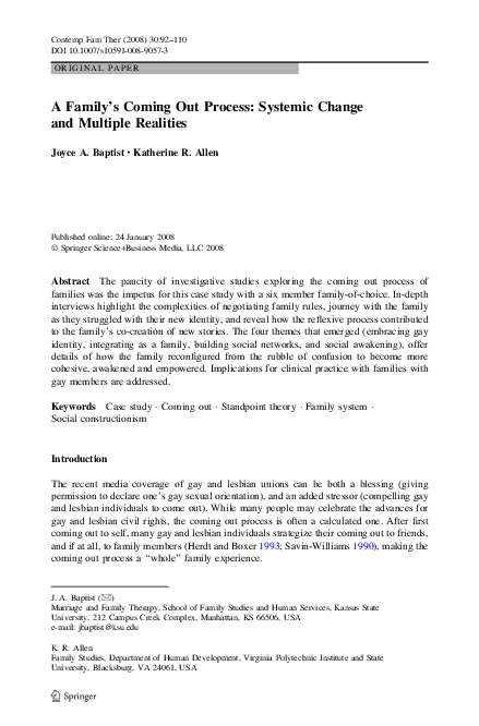 (PDF) A Family’s Coming Out Process: Systemic Change and Multiple ...