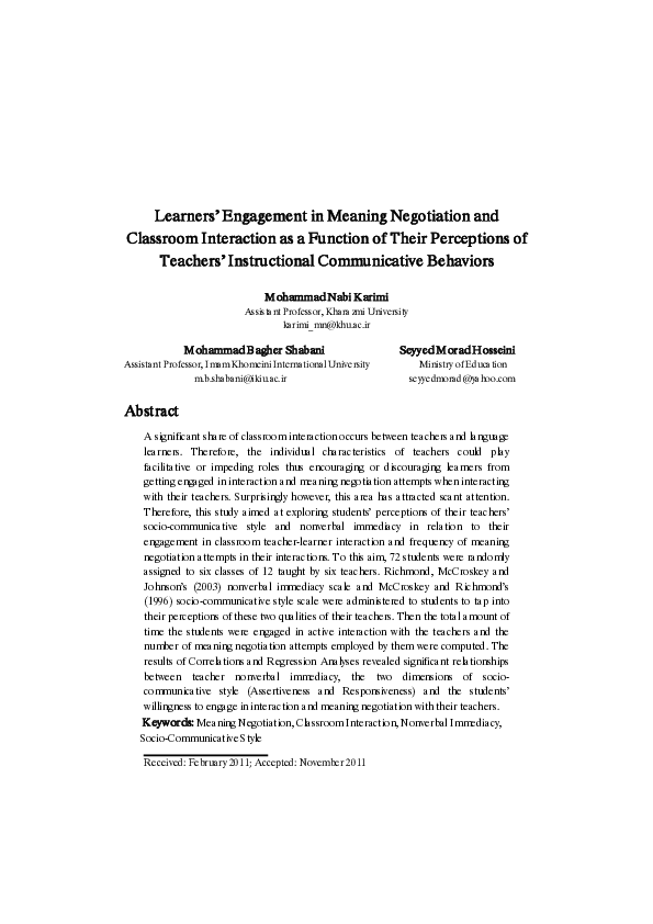 Pdf Learners Engagement In Meaning Negotiation And Classroom Interaction As A Function Of