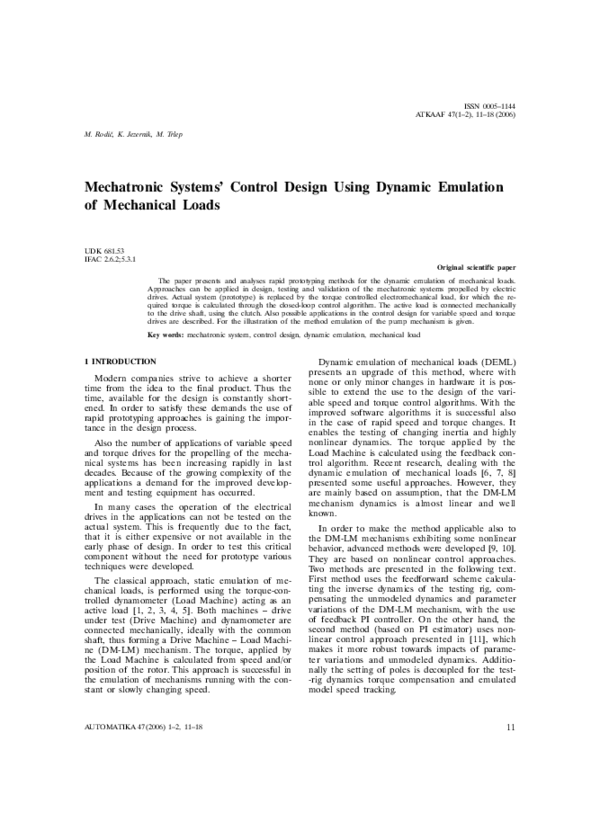 Pdf Control Design In Mechatronic Systems Using Dynamic Emulation Of