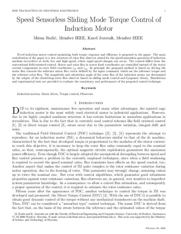 Pdf Speed Sensorless Sliding Mode Torque Control Of An Induction Motor