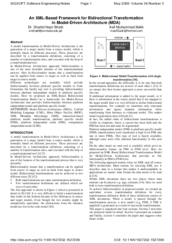 An Xml Based Framework For Bidirectional Transformation In Model Driven Architecture Mda