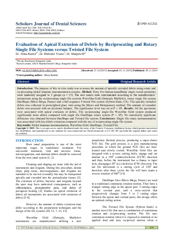 (PDF) Evaluation of Apical Extrusion of Debris by Reciprocating and ...
