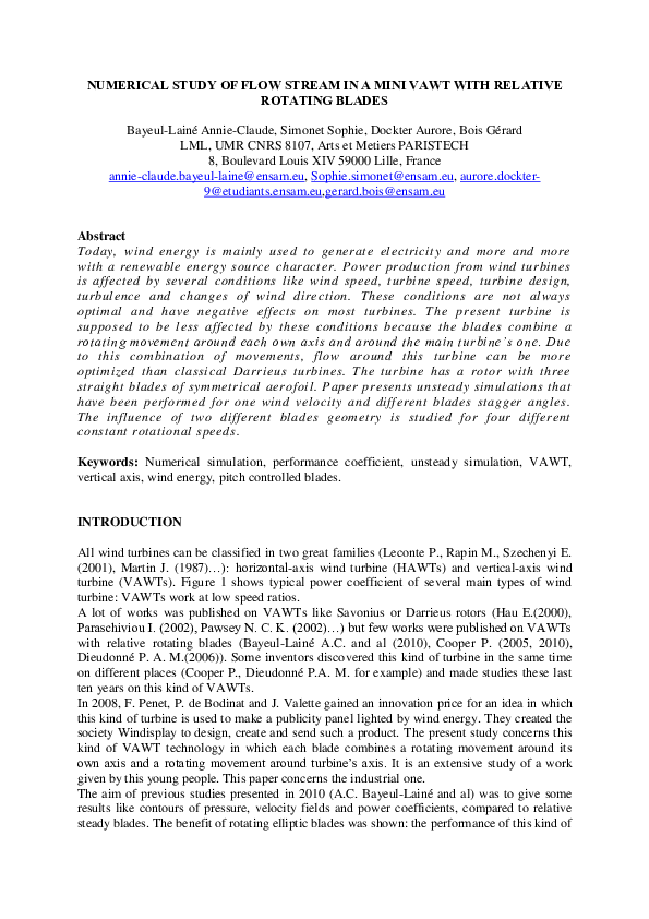 (PDF) Numerical Study of Flow Stream in a Mini Vawt with Relative Rotating Blades