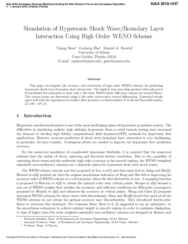 Pdf Simulation Of Hypersonic Shock Waveboundary Layer Interaction Using High Order Weno