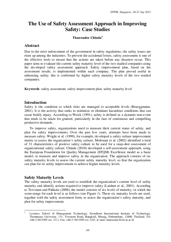 (PDF) The Use of Safety Assessment Approach in Improving Safety: Case ...