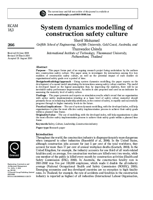 (PDF) System dynamics modelling of construction safety culture