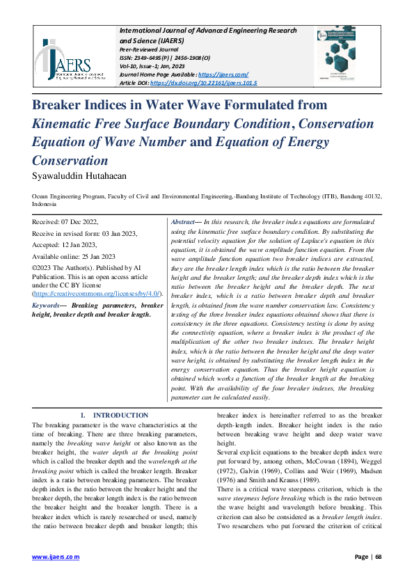 (PDF) Breaker Indices in Water Wave Formulated from Kinematic Free Surface Boundary Condition ...