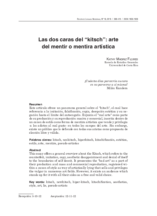 (PDF) Las dos caras del “kitsch”: arte del mentir o mentira artística