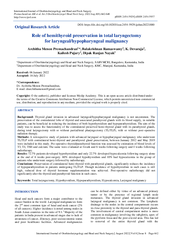(PDF) Role of hemithyroid preservation in total laryngectomy for ...