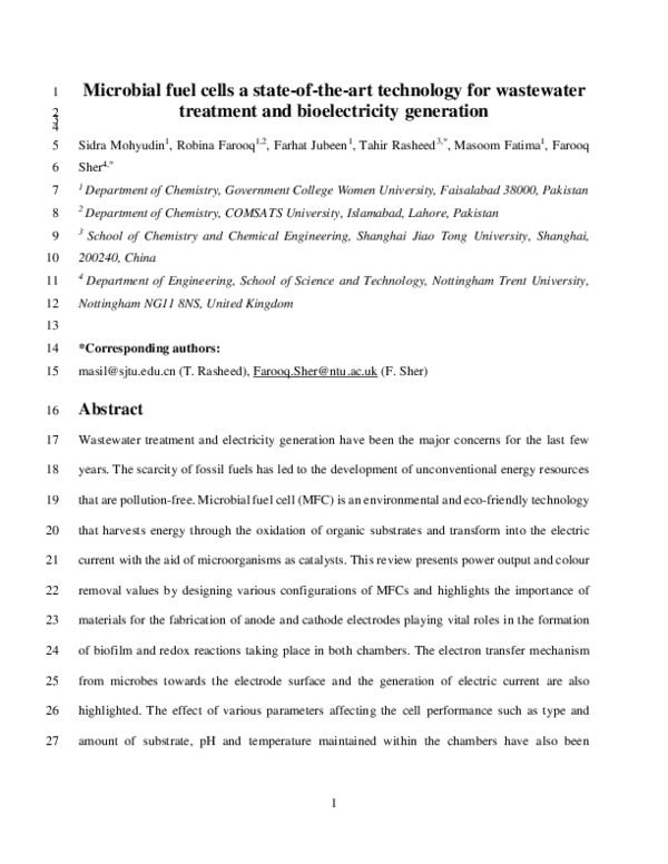 (PDF) Microbial fuel cells a state-of-the-art technology for wastewater treatment and ...
