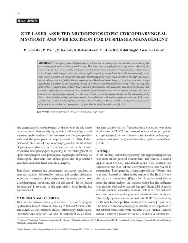(PDF) KTP Laser assisted microendoscopic cricopharyngeal myotomy and ...