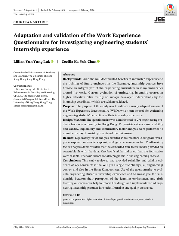 (PDF) Adaptation and validation of the Work Experience Questionnaire ...