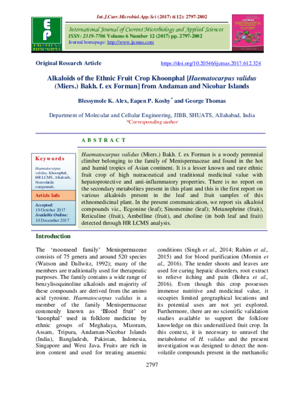 (PDF) Alkaloids of the Ethnic Fruit Crop Khoonphal [Haematocarpus ...