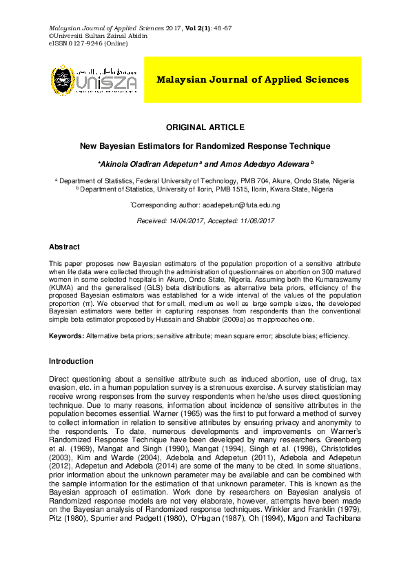 Pdf New Bayesian Estimators For Randomized Response Technique
