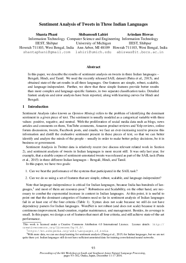 Pdf Sentiment Analysis Of Tweets In Three Indian Languages Shanta