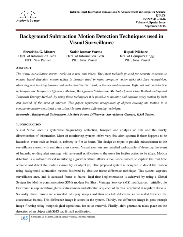 Pdf Background Subtraction Motion Detection Techniques Used In Visual Surveillance 