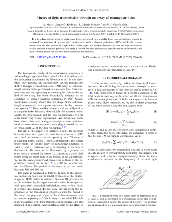 (PDF) Theory of light transmission through an array of rectangular holes