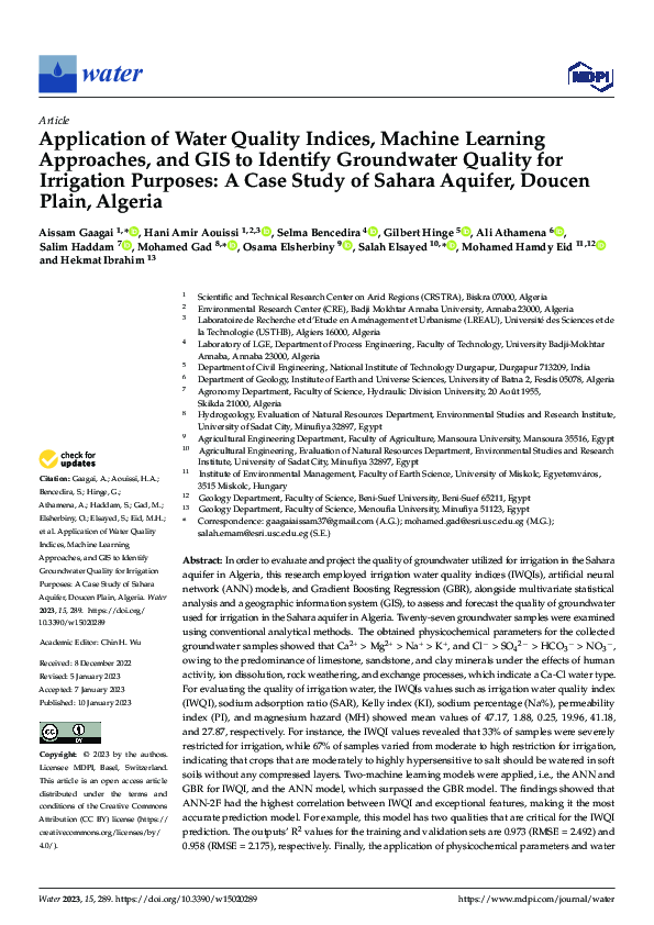 (PDF) Application of Water Quality Indices, Machine Learning Approaches, and GIS to Identify ...