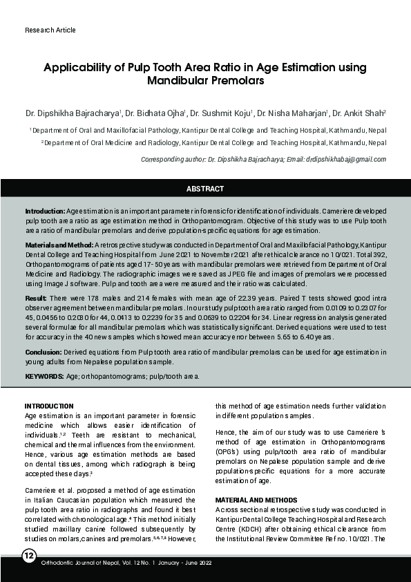 (PDF) Applicability of Pulp Tooth Area Ratio in Age Estimation using Mandibular Premolars