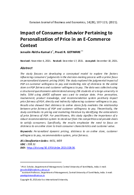 (PDF) Impact of Consumer Behavior Pertaining to Personalization of Price in an E-Commerce Context