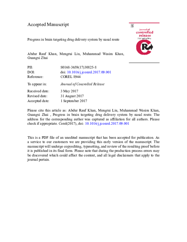 (PDF) Progress in brain targeting drug delivery system by nasal route