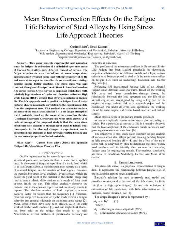 (PDF) Mean Stress Correction Effects On the Fatigue Life Behavior of ...