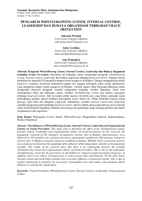(PDF) Pengaruh Whistleblowing System, Internal Control, Leadership Dan Budaya Organisasi ...