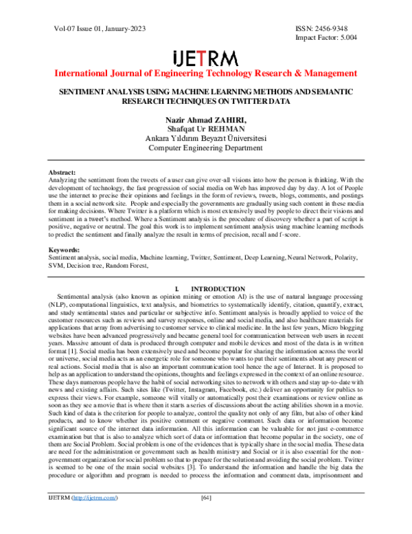 (PDF) ENTIMENT ANALYSIS USING MACHINE LEARNING METHODS AND SEMANTIC ...
