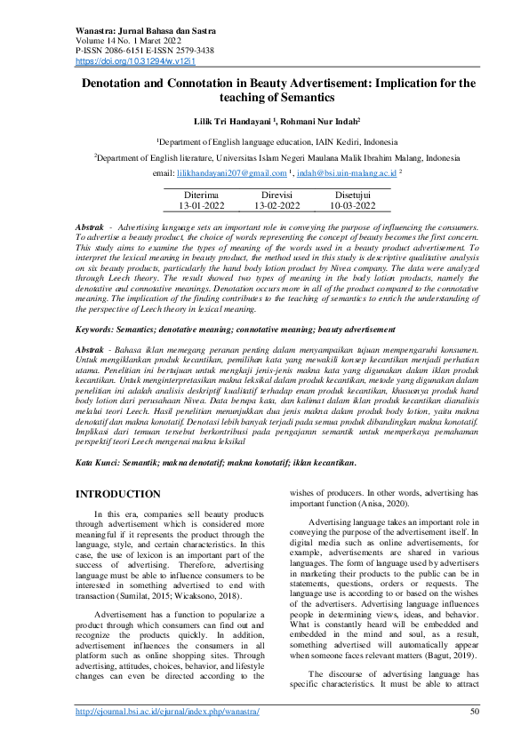 (PDF) Denotation and Connotation in Beauty Advertisement: Implication for the teaching of Semantics