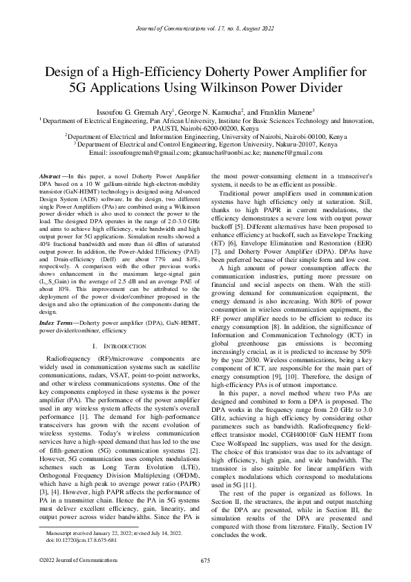 (PDF) Design of a High-Efficiency Doherty Power Amplifier for 5G Applications Using Wilkinson ...