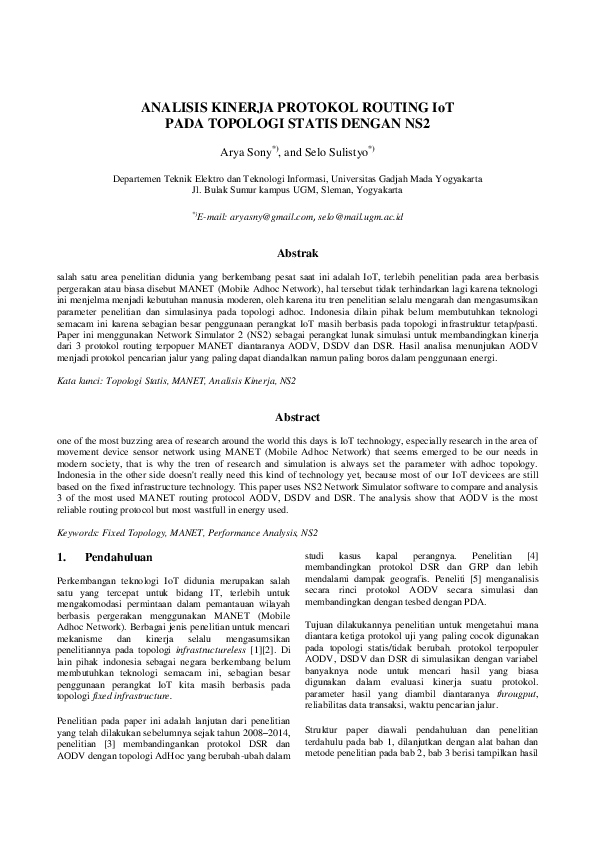 (PDF) ANALISIS KINERJA PROTOKOL ROUTING IoT PADA TOPOLOGI STATIS DENGAN NS2