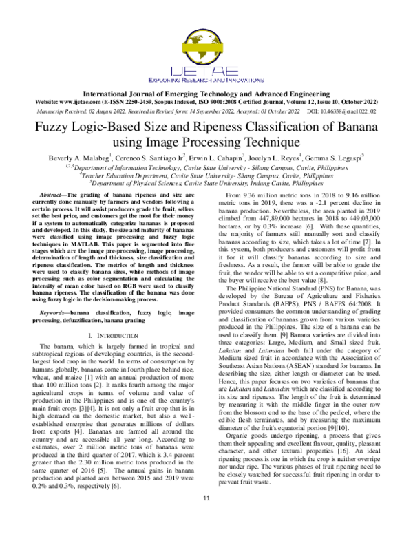 (PDF) Fuzzy Logic-Based Size and Ripeness Classification of Banana using Image Processing Technique