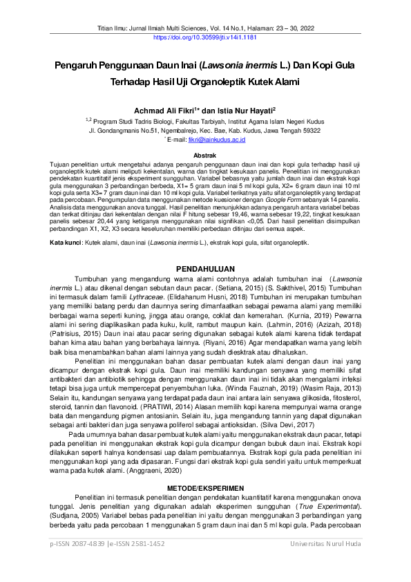 (PDF) Pengaruh Penggunaan Daun Inai (Lawsonia inermis L.) Dan Kopi Gula ...