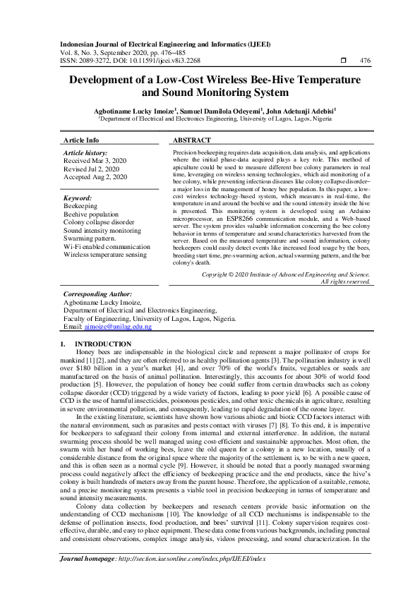 Pdf Development Of A Low Cost Wireless Bee Hive Temperature And Sound