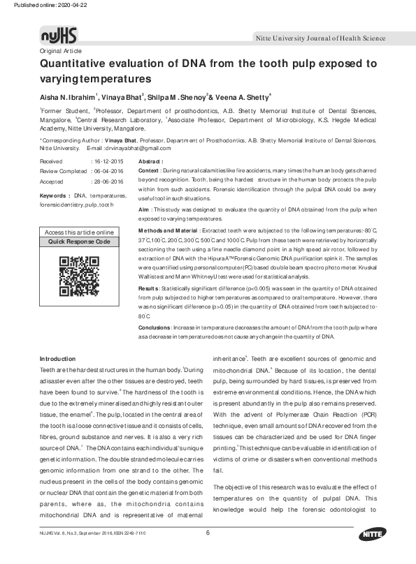 (PDF) Quantitative evaluation of DNA from the tooth pulp exposed to ...