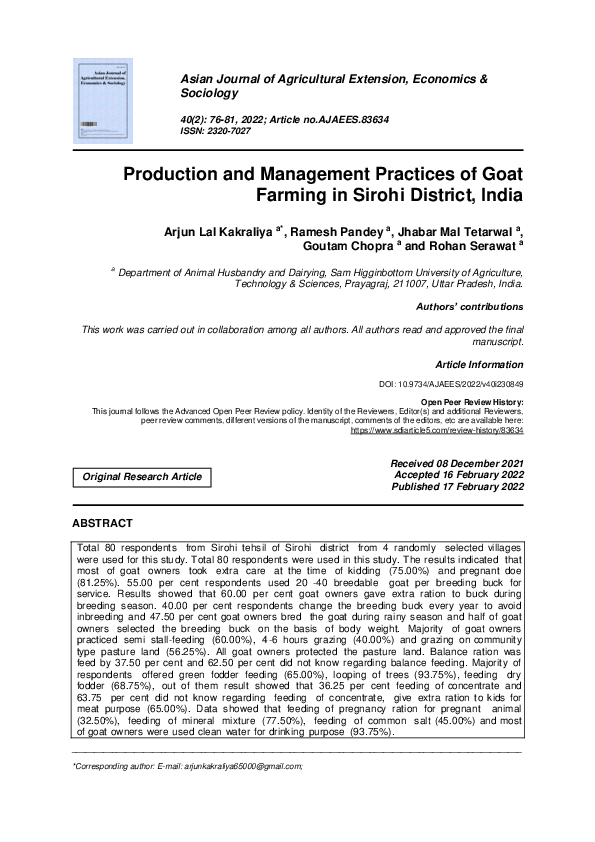 (PDF) Production and Management Practices of Goat Farming in Sirohi ...
