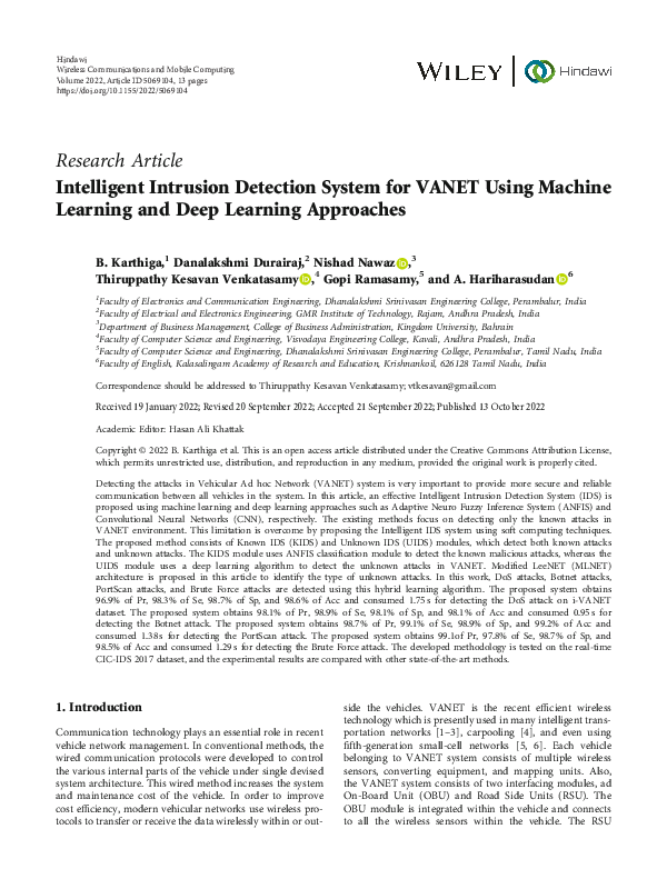 Pdf Intelligent Intrusion Detection System For Vanet Using Machine Learning And Deep Learning